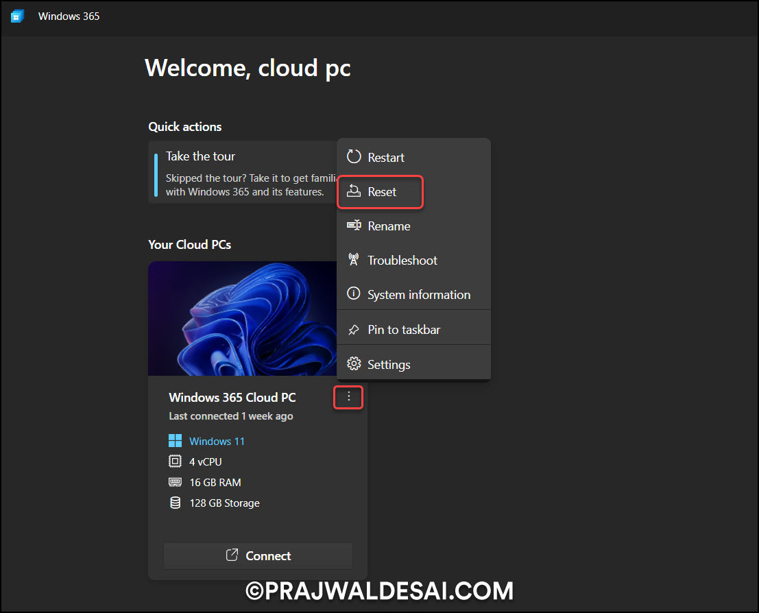 Enable Cloud PC Reset Option for Windows 365 End Users » Prajwal Desai