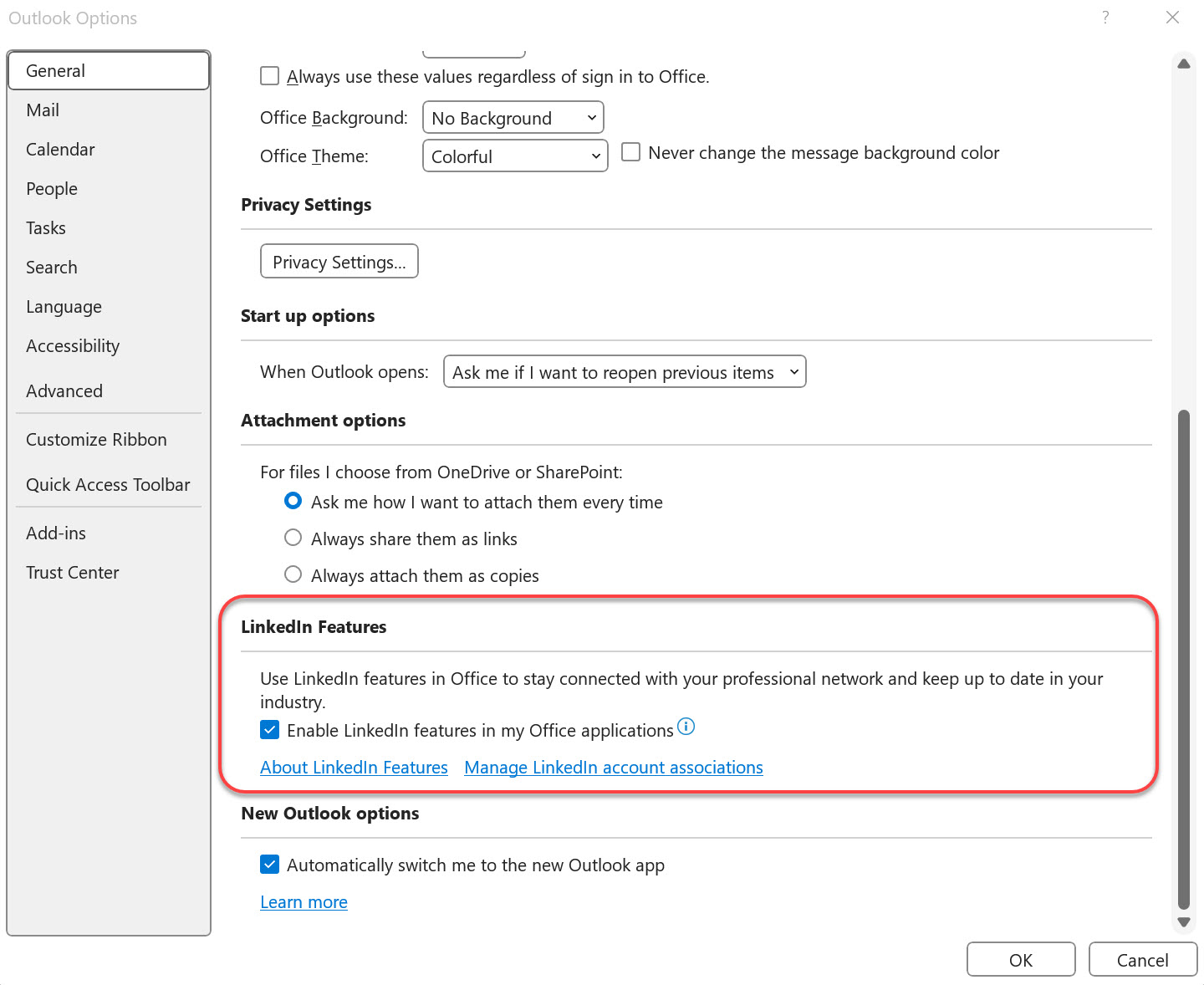 Disable LinkedIn integration in Microsoft apps and services